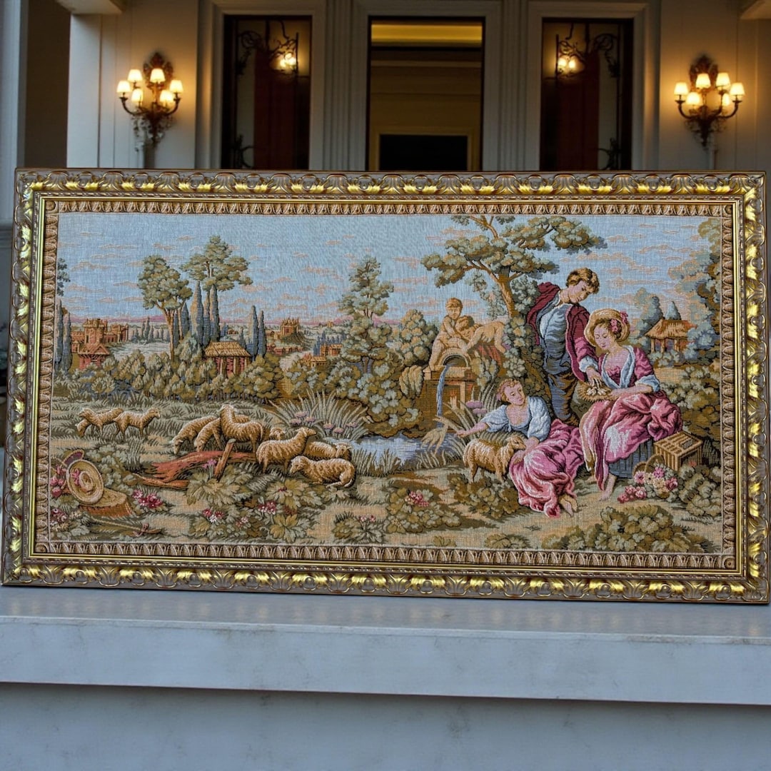 Framed Gobelin Tapestry Wall Hanging, Vintage French Pastoral Scene ...