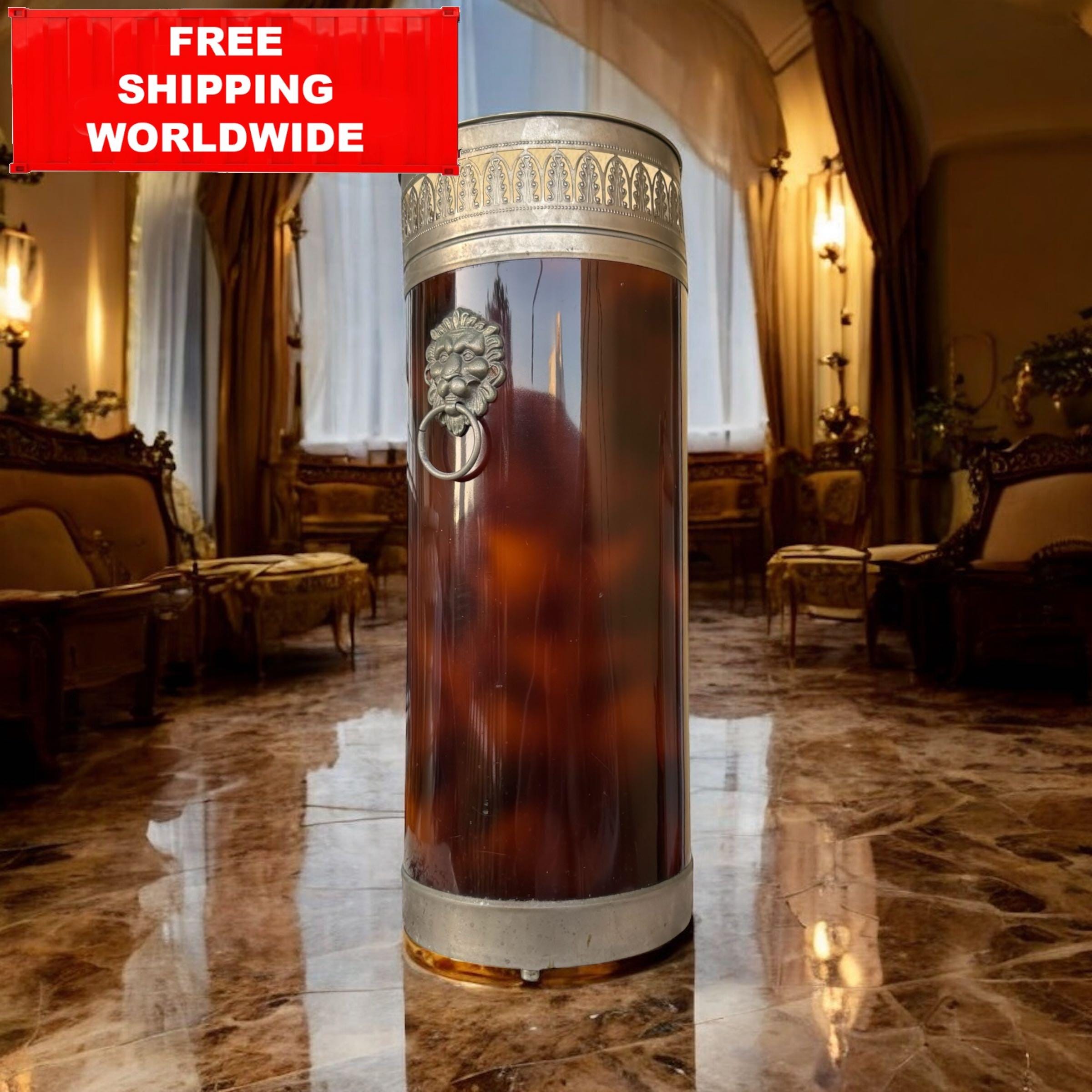 Vintage Umbrella Stand, Tortoise Shell Acrylic, Silver-tone Metal Trim ...