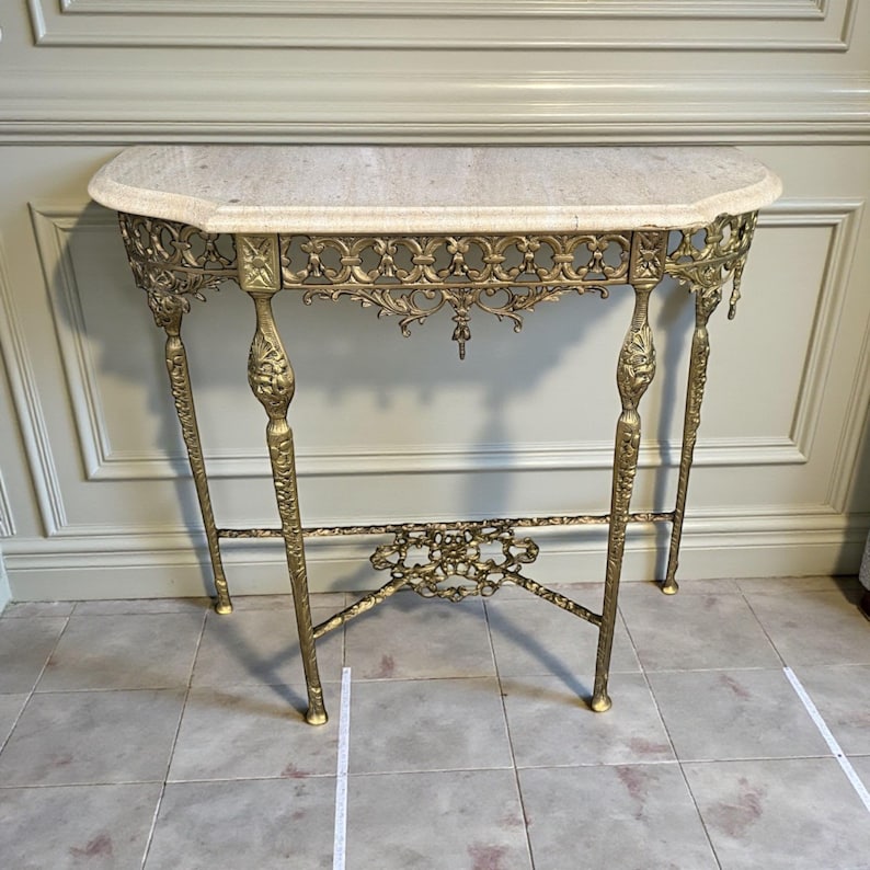 Vintage Brass Console Table, White Marble Top, Ornate Louis XV Filigree ...