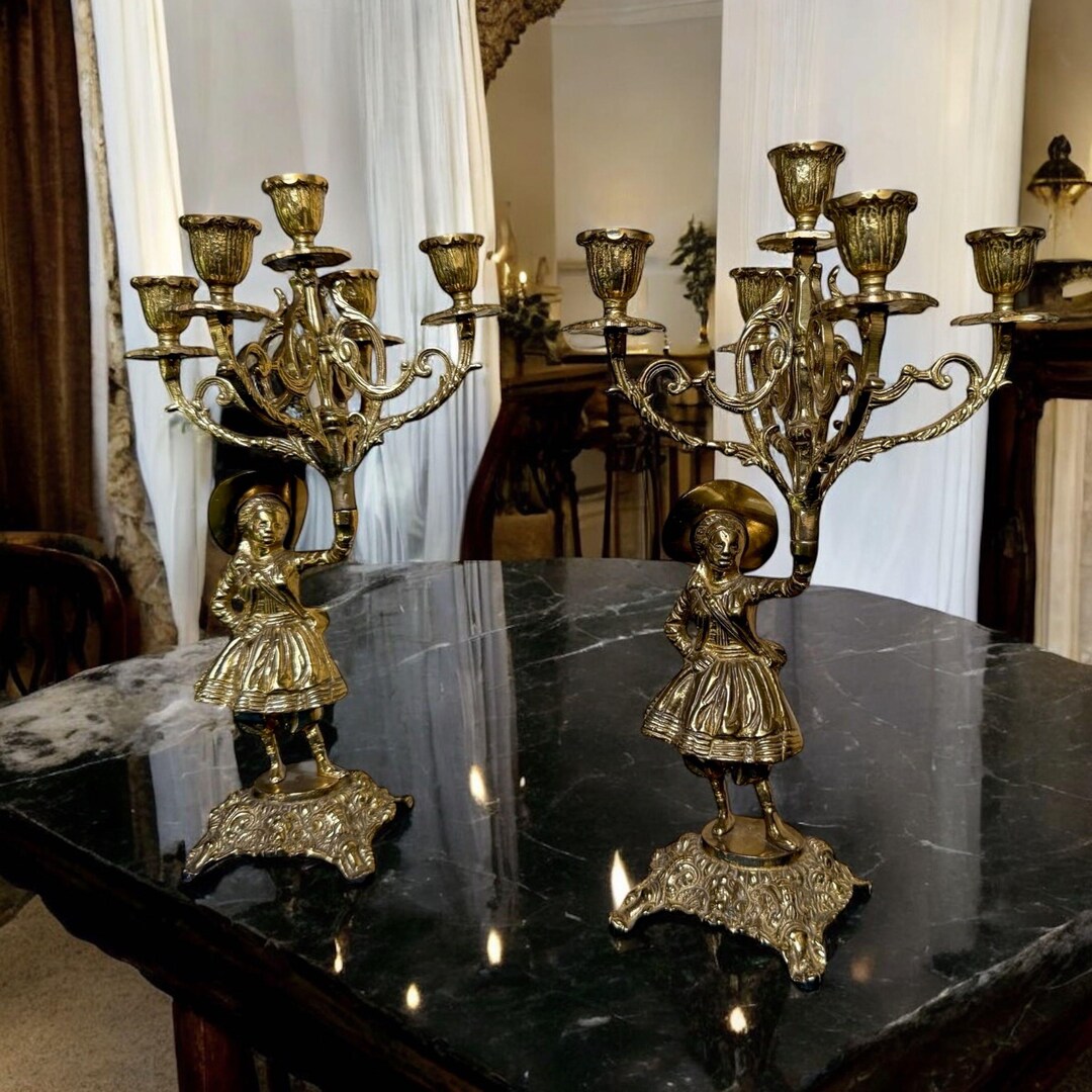 Vintage 1960s Bronze Candelabra Pair, Girl Figurine Candle Holders ...