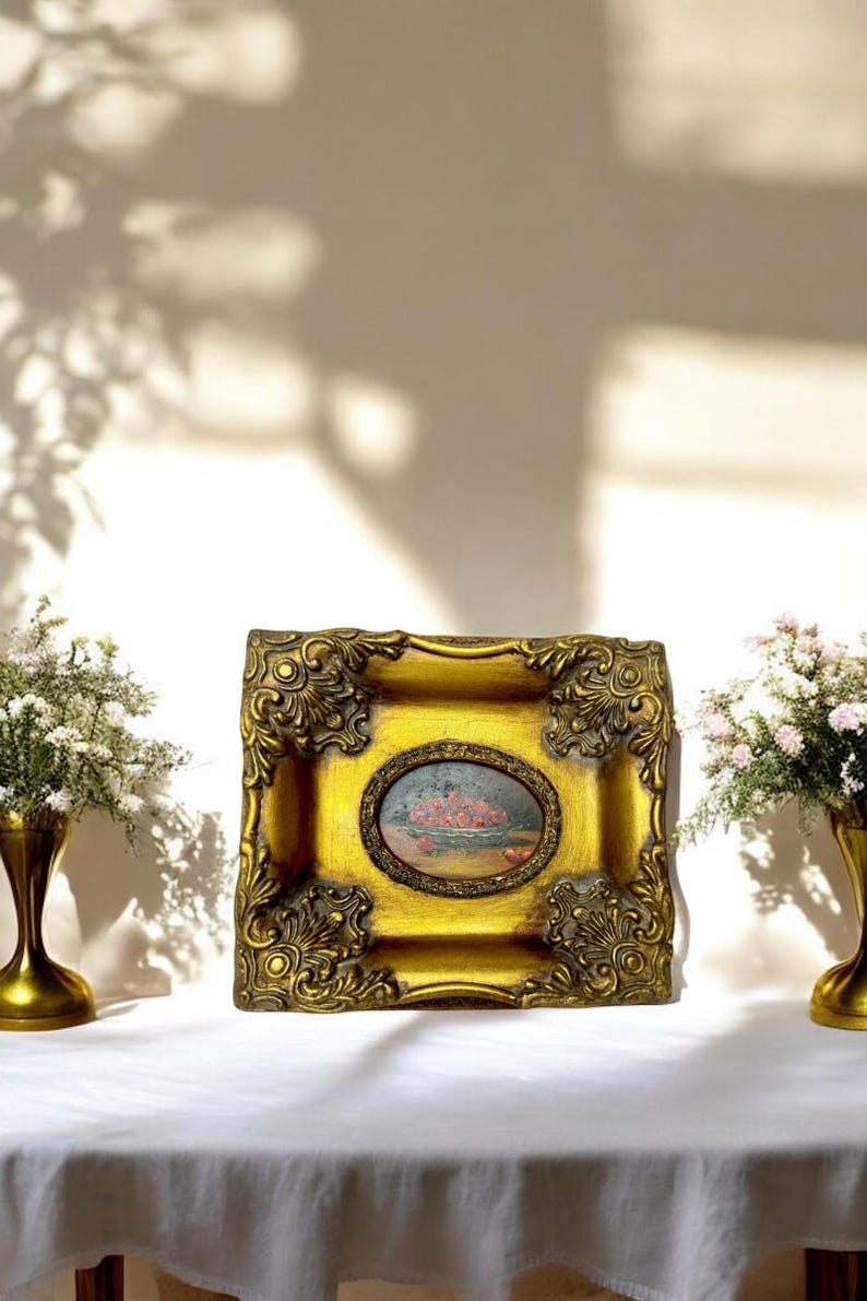 Miniature Baroque Oil Painting With Gold Frame – Vintage Floral Still ...