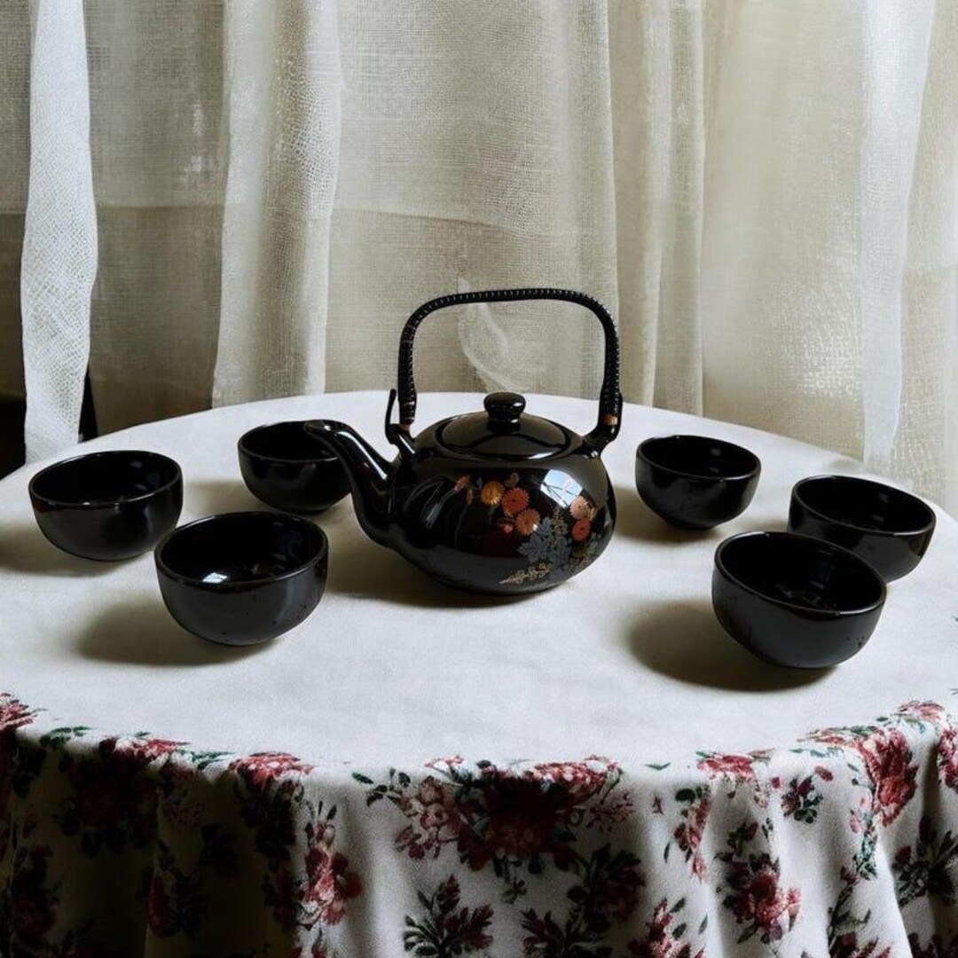 Vintage Japanese Black Lacquer Tea Set: Floral Teapot & Cups, 7-piece ...