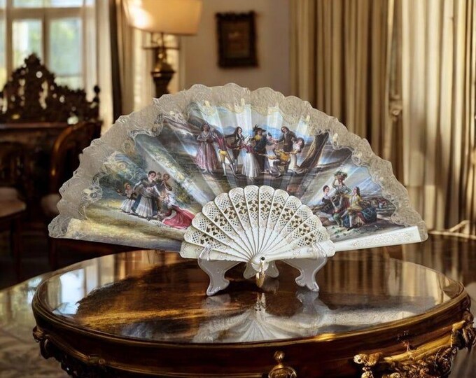 Vintage White Lace Folding Fan: Rococo Painted Scene, Spanish Decor - Etsy