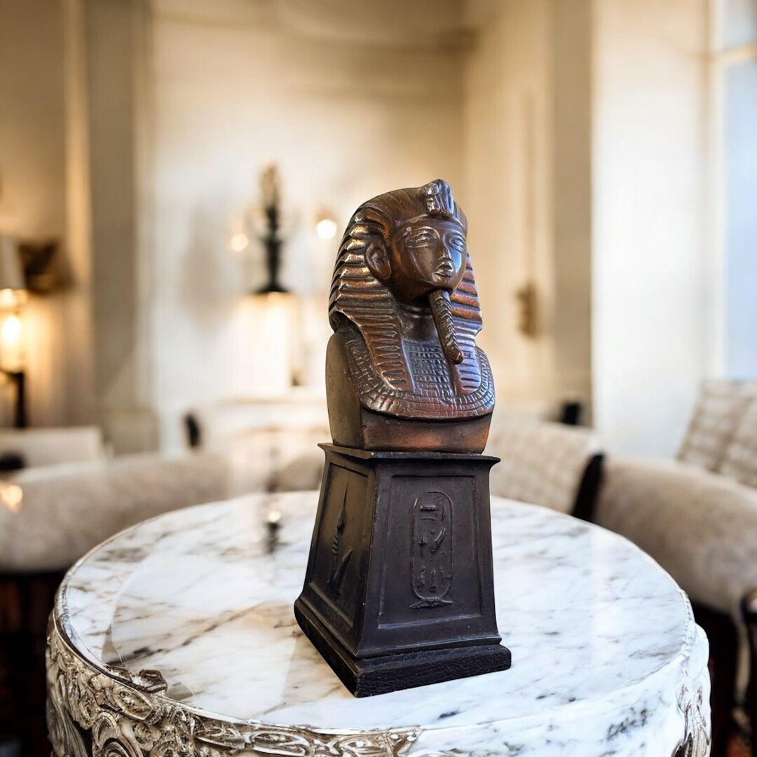 Egyptian Pharaoh Bust, Bronze Statue, Hieroglyph Plinth, Vintage 1970s ...