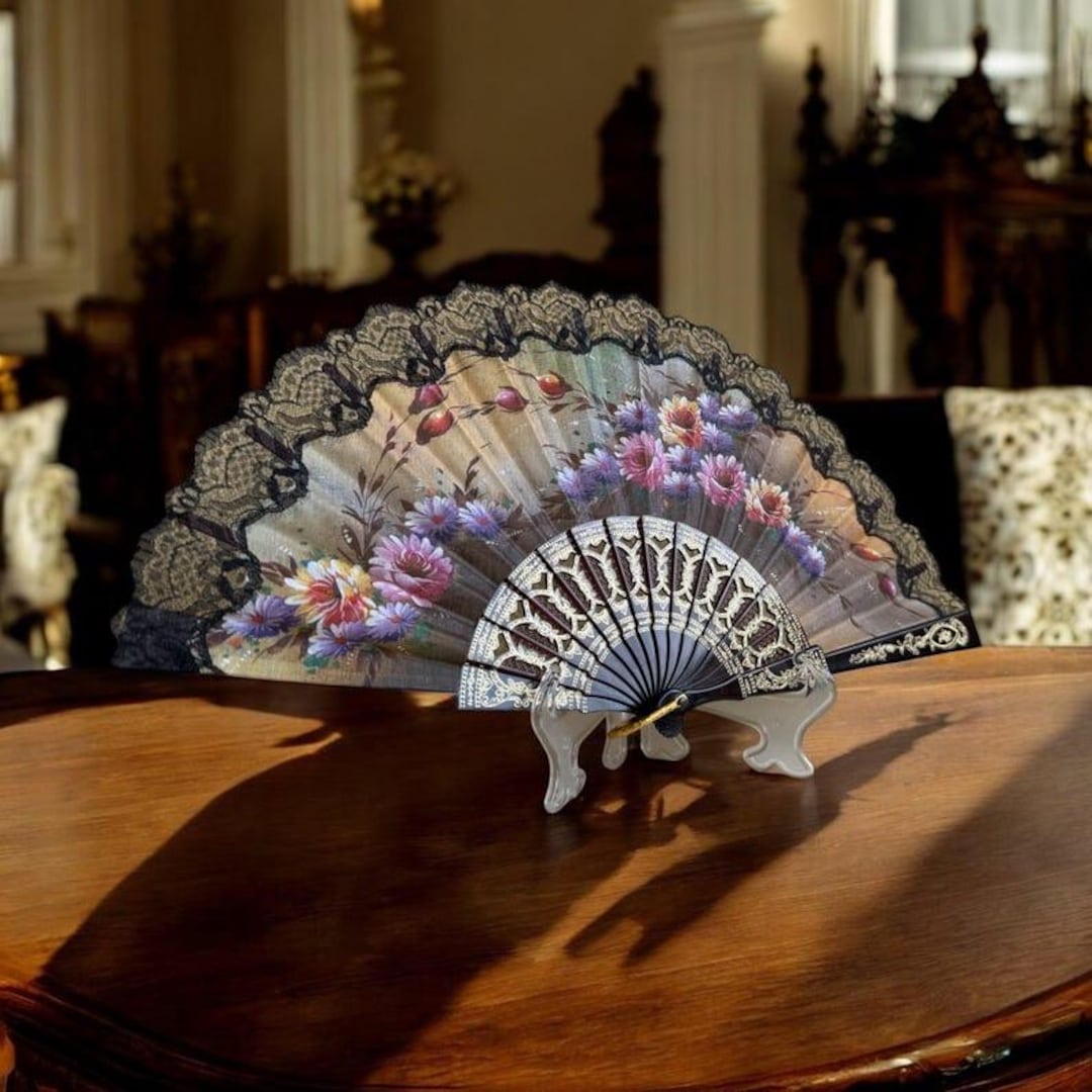 Vintage Floral Folding Fan: Black Lace, Gold Detail - Romantic Decor - Etsy