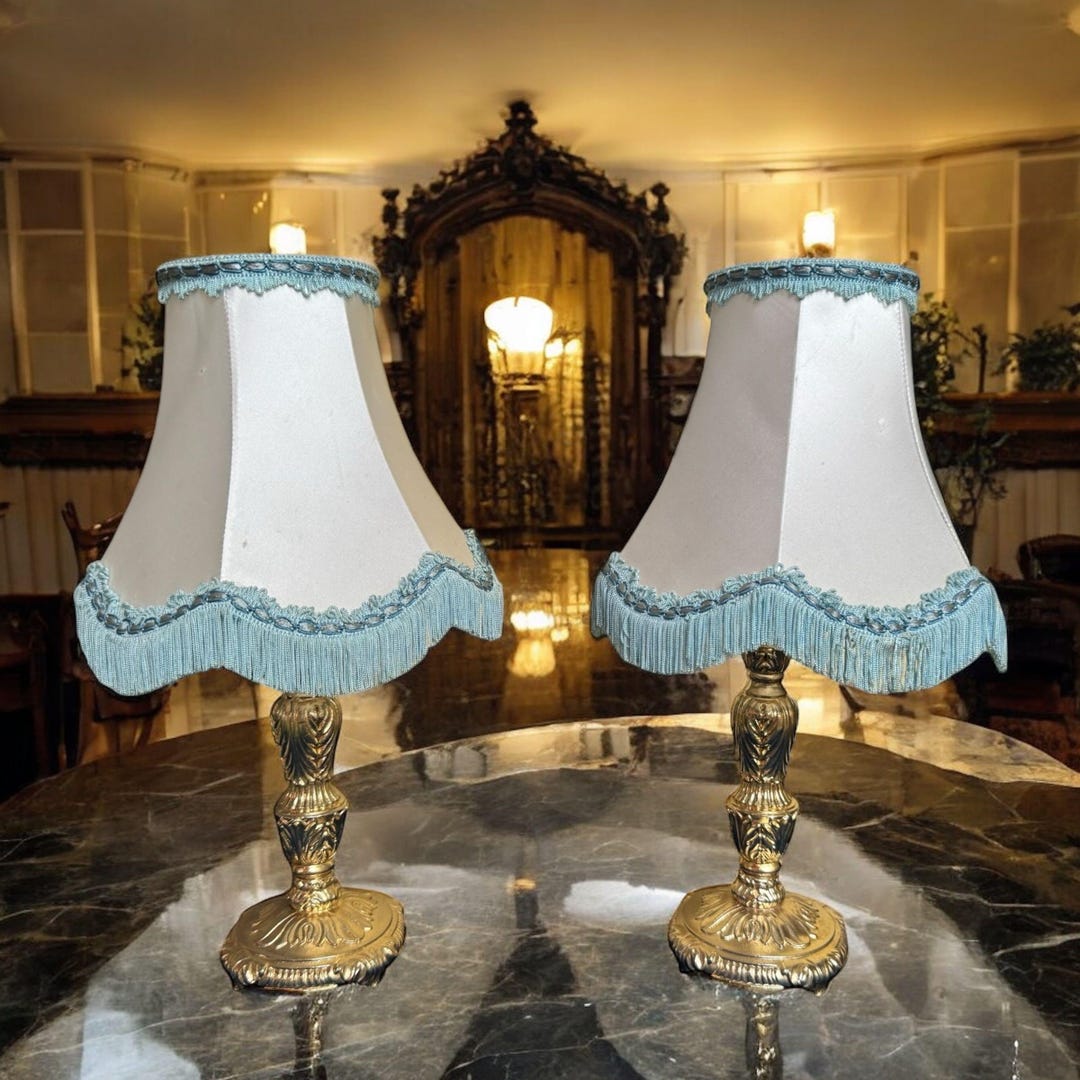 Brass Table Lamps Pair, Vintage Bedside Lamps, Satin Shades With Blue ...