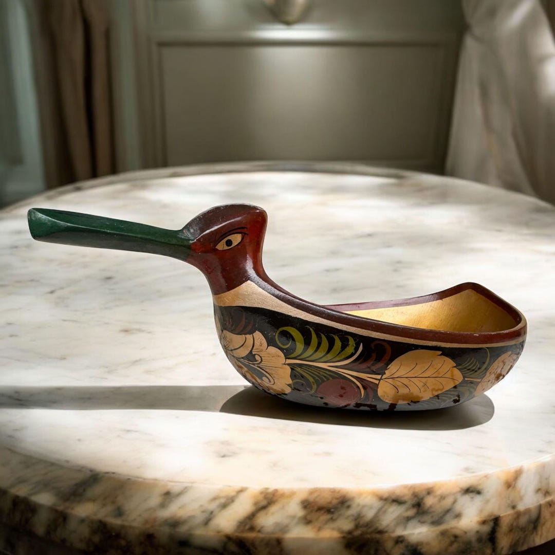 Vintage Russian Hand-painted Wooden Duck Bowl, Folk Art Decorative Dish ...