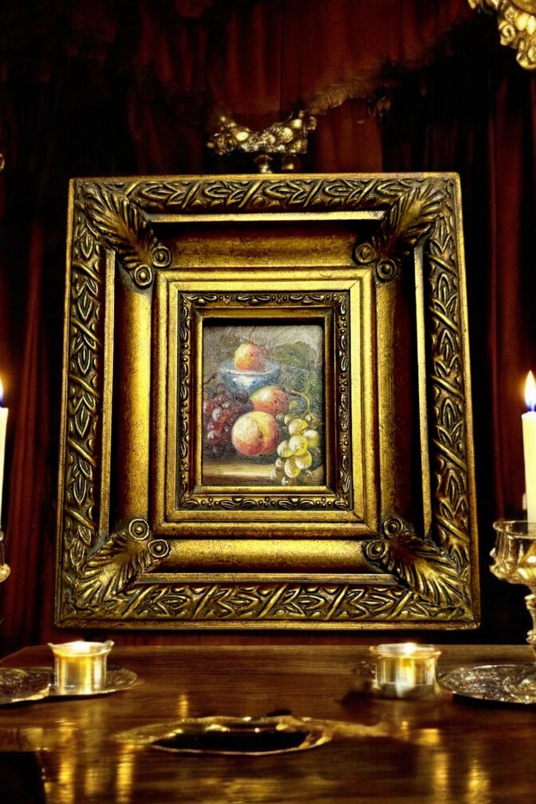 Miniature Still Life Oil Painting With Ornate Gold Frame – Vintage ...