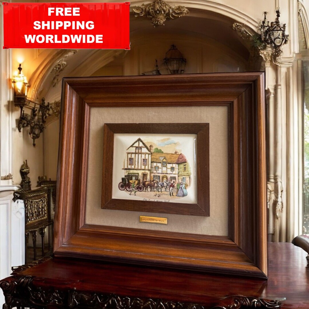 Vintage Framed Ceramic Tavern Scene Tile, Hand-painted Porcelain Art ...