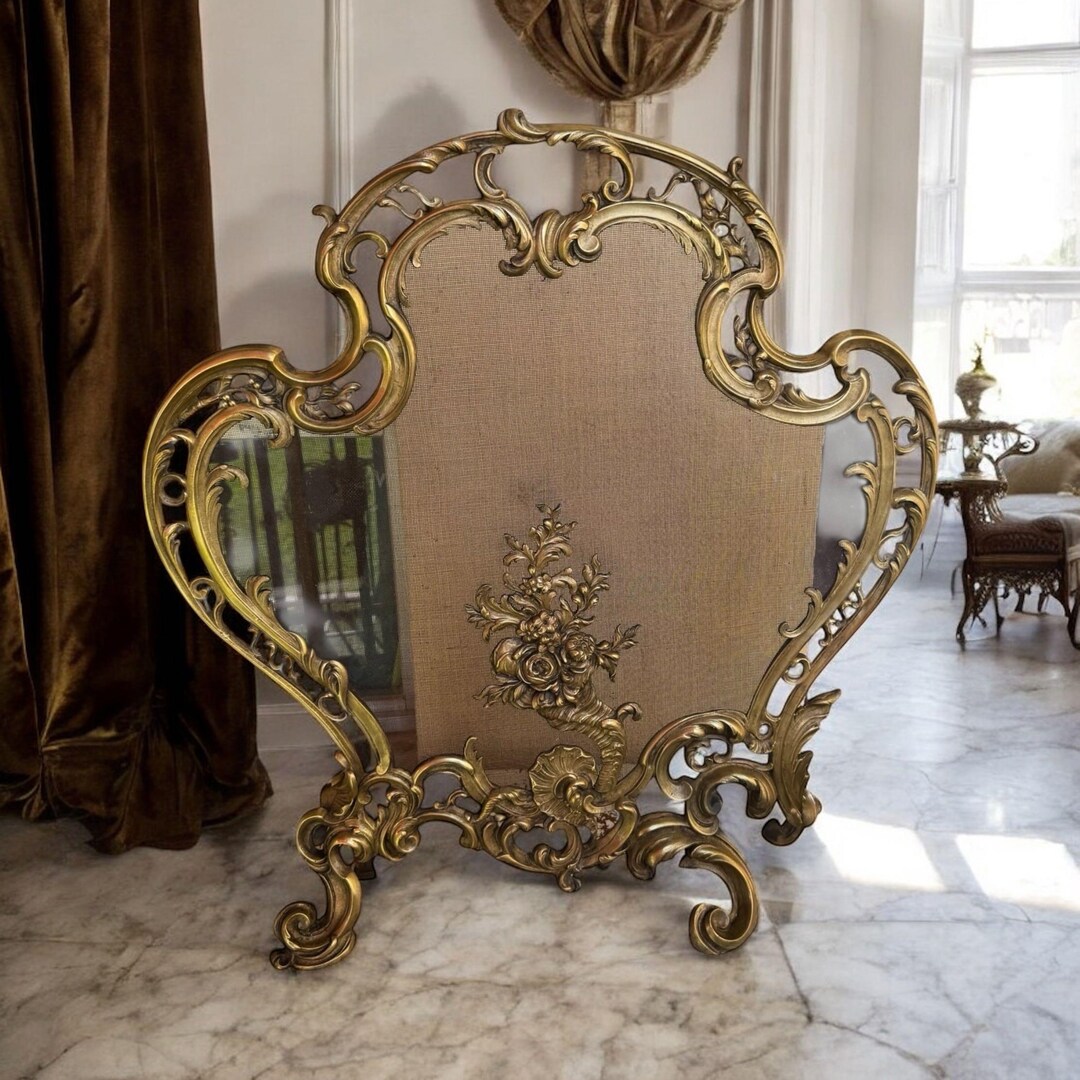 Antique Bronze Fireplace Screen, Rococo Floral Hearth Guard, Ornate ...