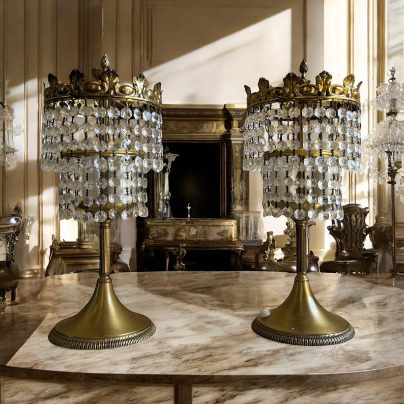 Baroque Brass Crystal Table Lamps: Crown Style Prisms, 39cm - Etsy