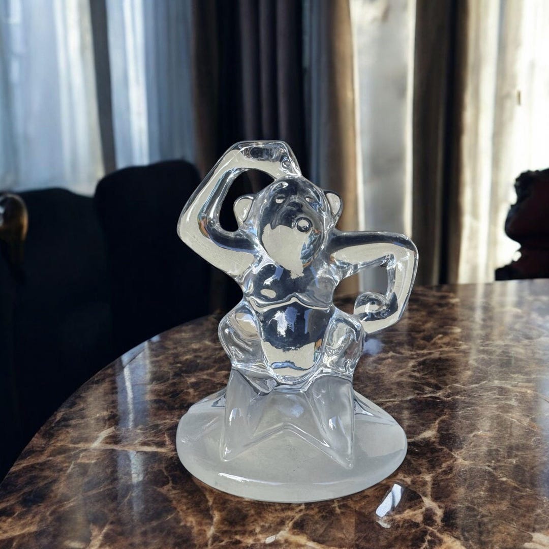 Crystal Monkey Figurine, Clear Glass Sculpture, Star Base, Vintage ...