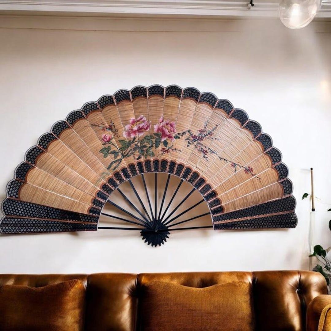 Large Hand-painted Asian Wall Fan, Bamboo & Silk Floral Wall Art ...