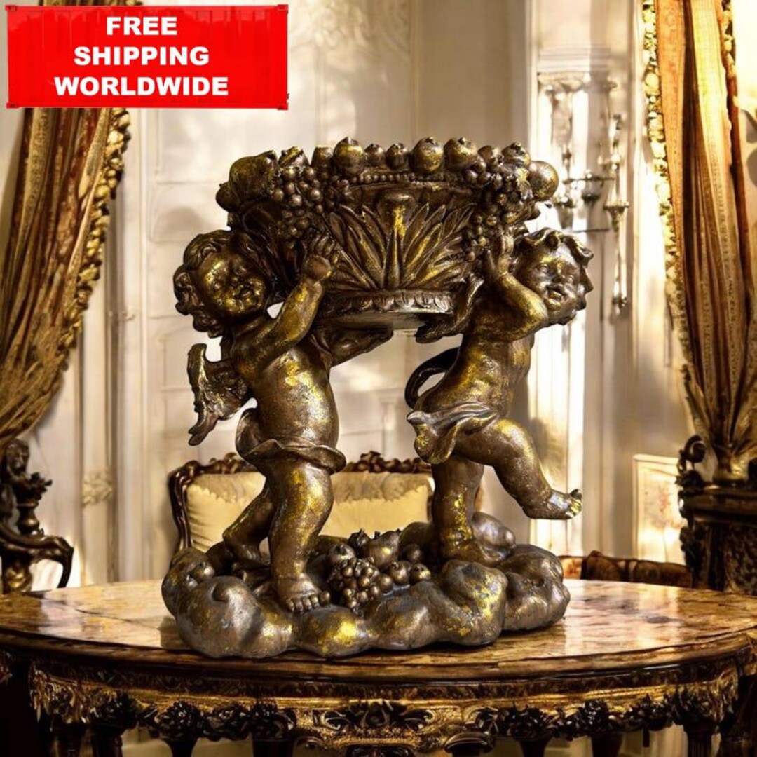 Baroque Cherub Centerpiece Statue | Antique Resin Vase 24x23cm | Rococo ...