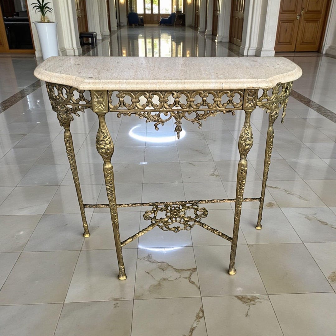 Vintage Brass Console Table, White Marble Top, Ornate Louis XV Filigree ...