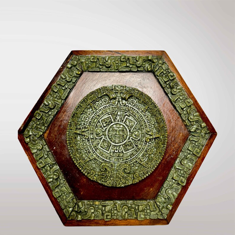 Vintage Aztec Calendar Wall Plaque – Hexagonal Wood Frame ...
