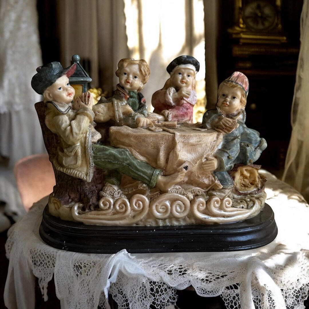 Vintage Children Playing Cards Figurine: Hand-painted Spanish Pastoral ...