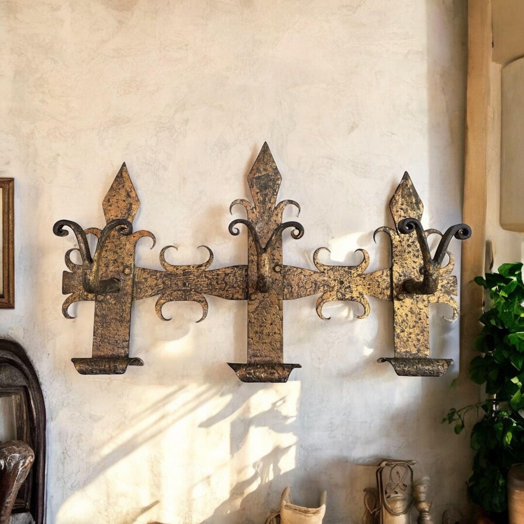 1950 Gothic Wrought Iron Wall Coat Rack, Gilded Medieval Style 3 Hook ...