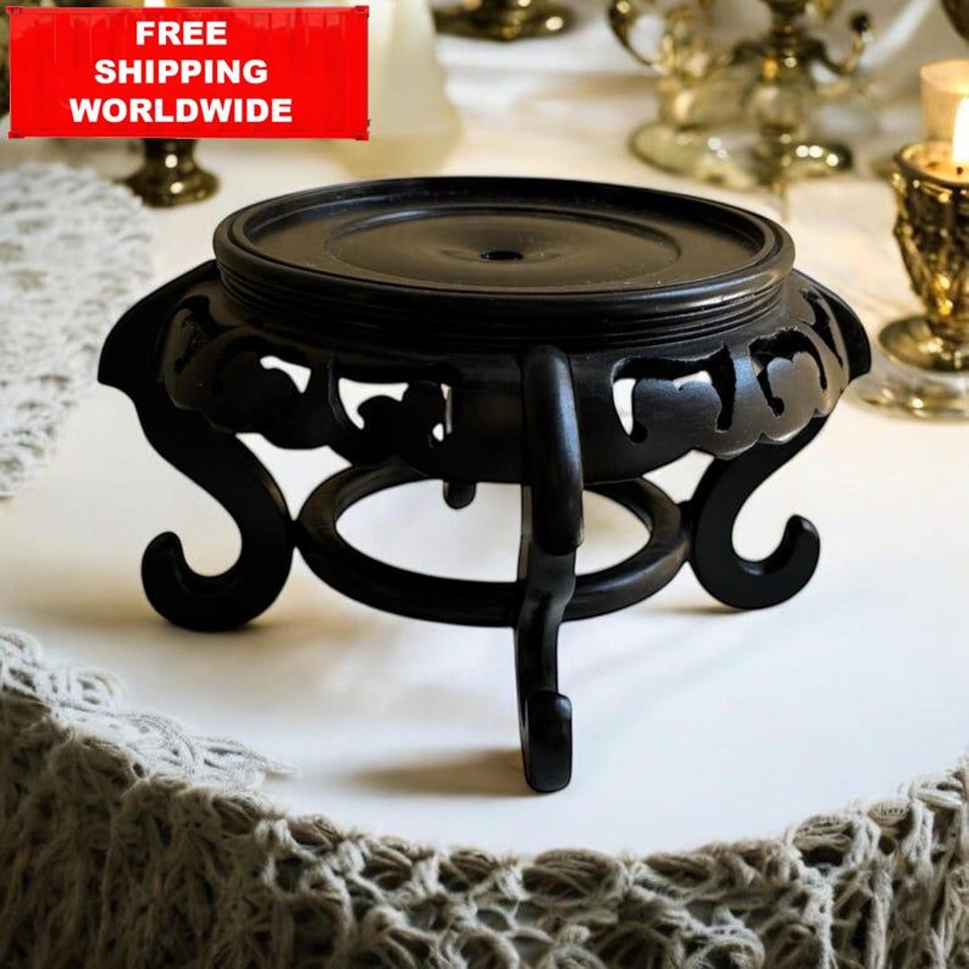 Black Lacquered Wooden Display Stand – Asian Style Pedestal for Vase or ...