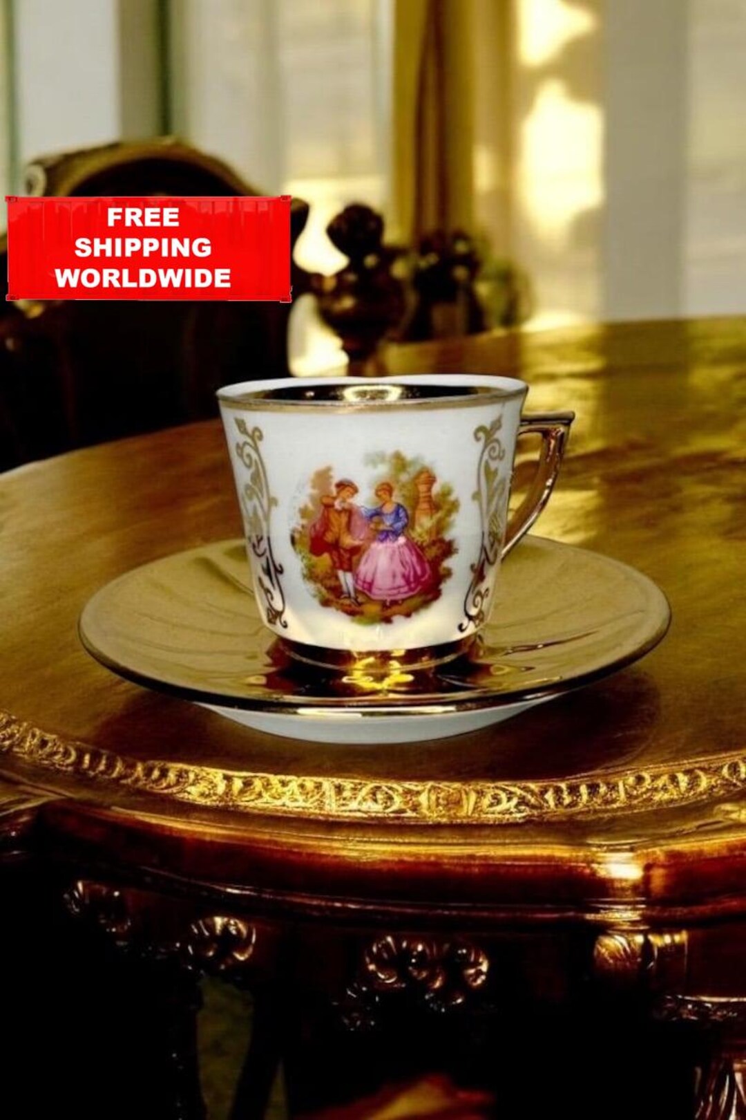Vintage Rococo Espresso Cup and Saucer: Gold Trim Porcelain Coffee Set ...