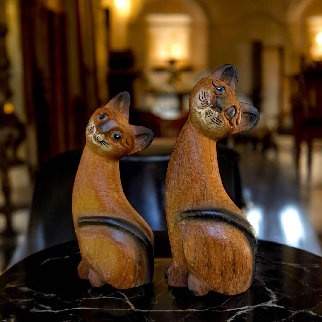 Mid Century Wooden Cat Figurine Pair, Hand Carved Wood Cats, Retro Boho ...