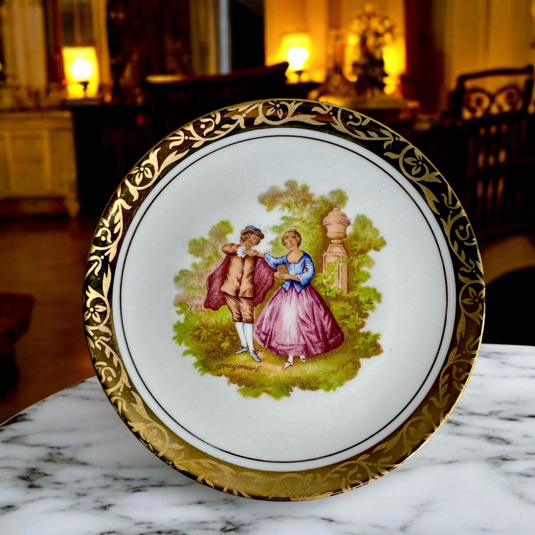 Vintage Fragonard Style Porcelain Plate, Romantic Courting Scene, Gold ...