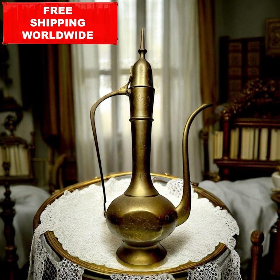 Vintage Brass Ewer With Curved Spout – Middle Eastern Decor, Tall ...