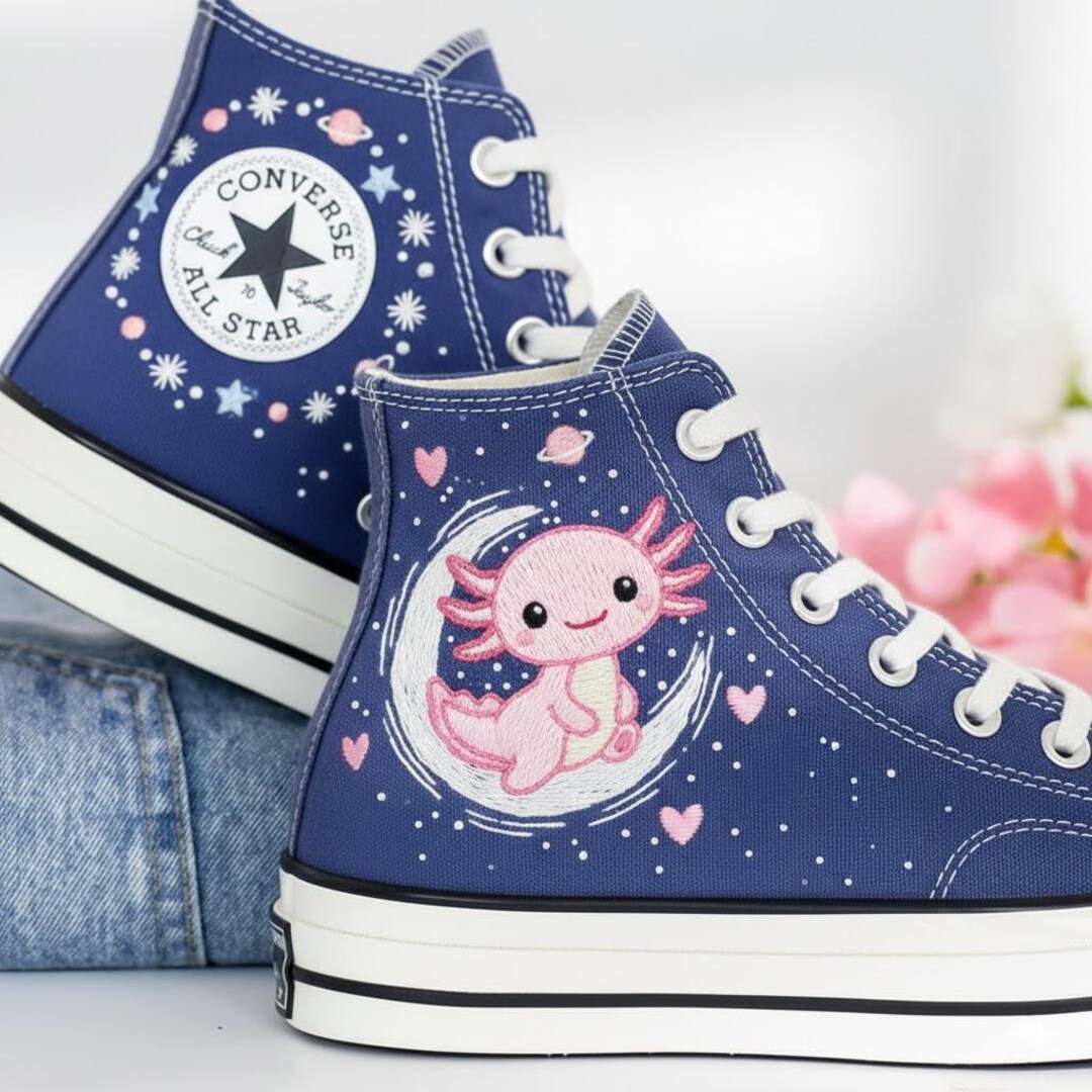 Embroidered Axolotl Moon Converse, Custom Space Animal Sneakers, Cosmic ...