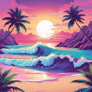 Sunset Serenity: Vibrant Retro-inspired Tropical Beach Art Print ...