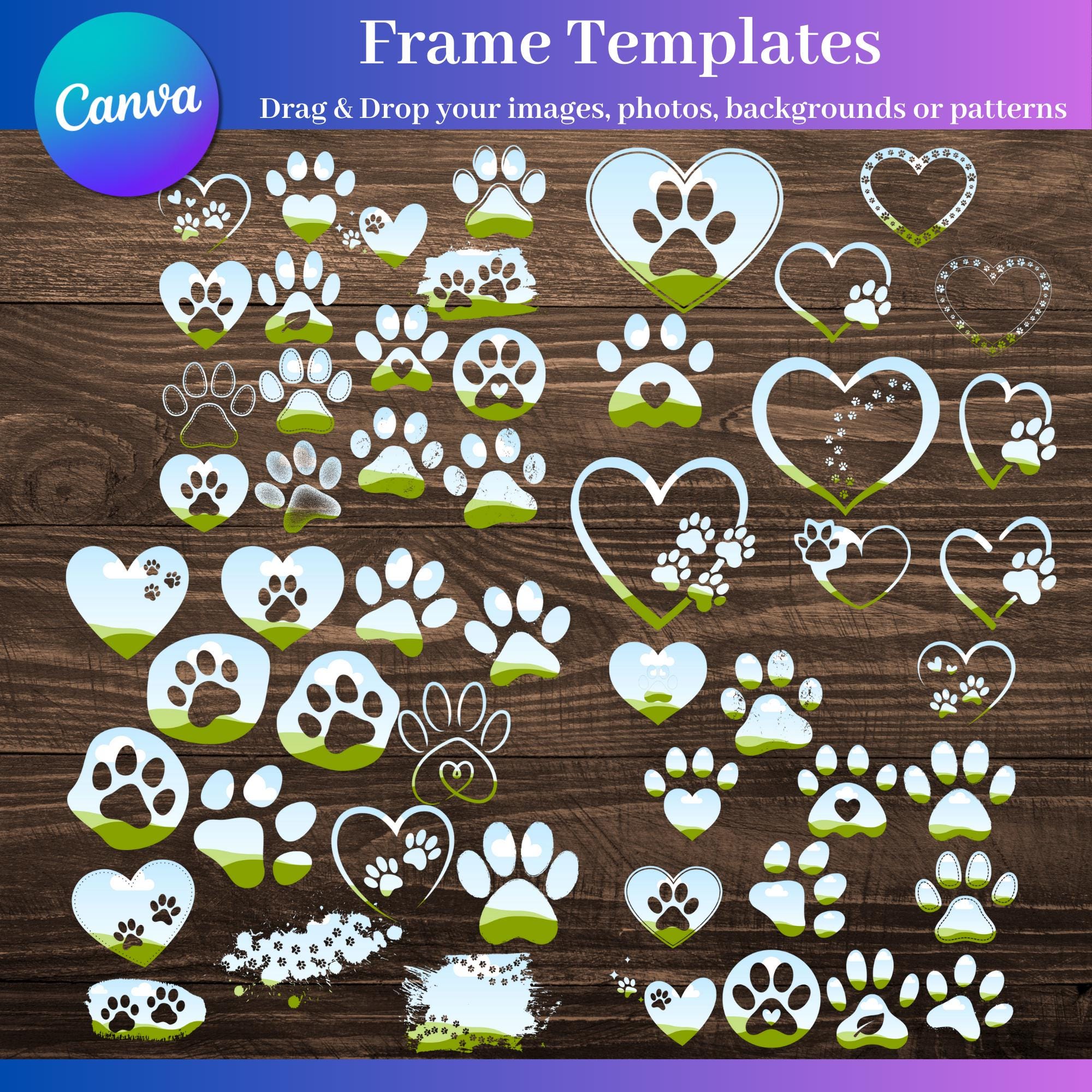 Set of 52 Paw Print Clipping Mask Frames for Canva - Customize With ...