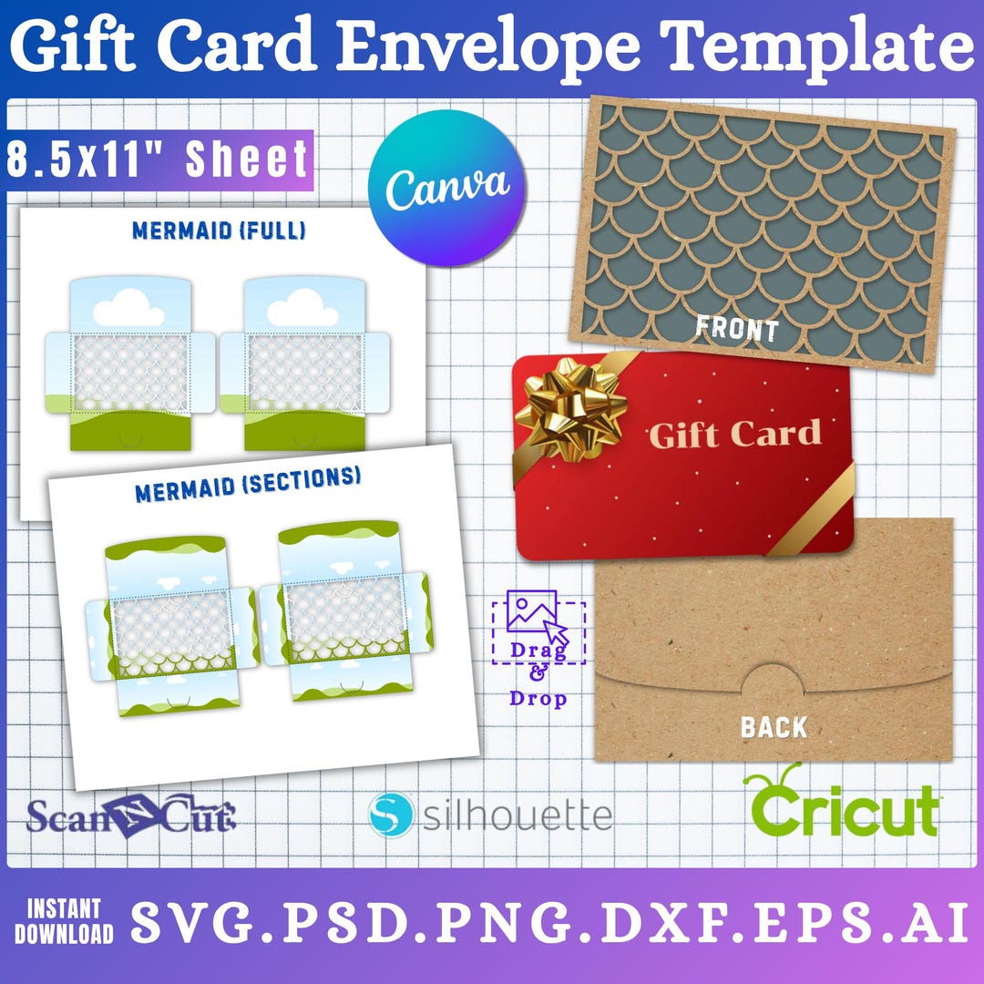 Mermaid Pattern Cut Out Gift Card Holder Envelope Template | Easy Edit ...