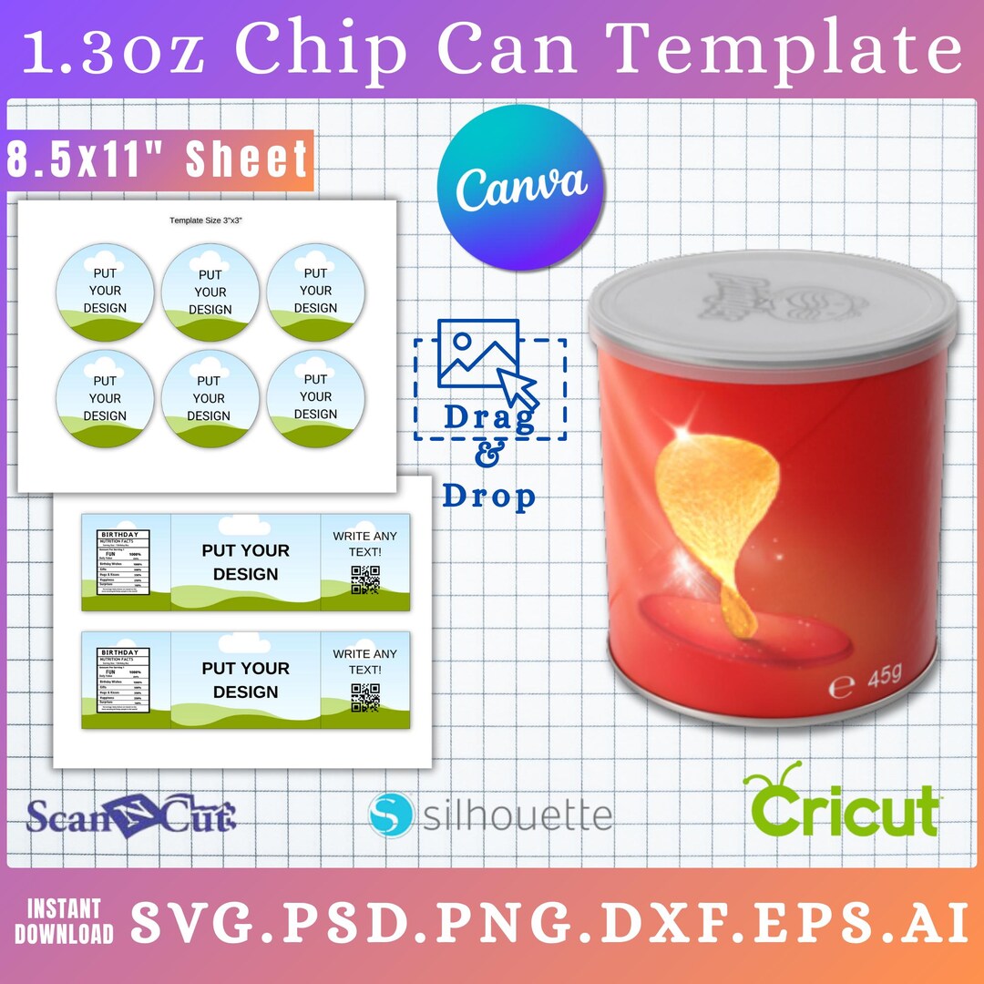 1.3oz Chip Can and Lid Label Templates SVG | Pringles Can Label Set ...