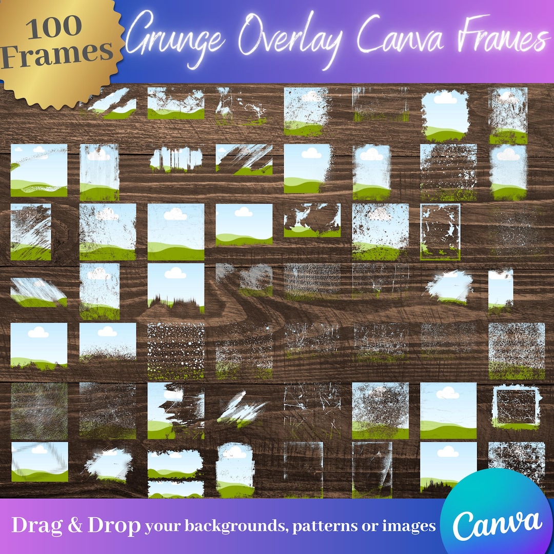 Grunge Style Bleach Effect Overlay Pack: 100 Distressed Canva Frames ...