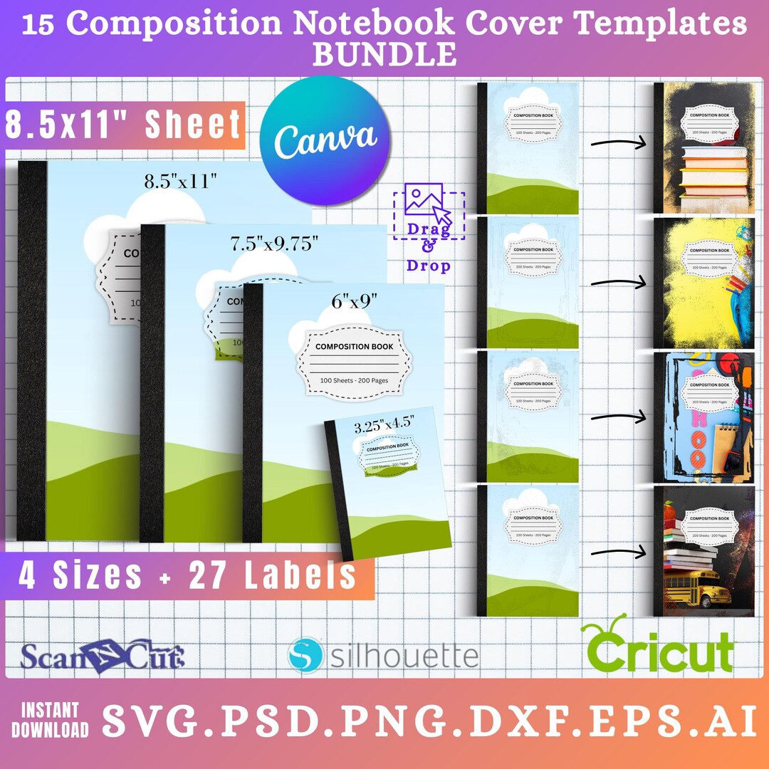 15 Distressed Designs - Composition Notebook Cover Editable Grunge ...