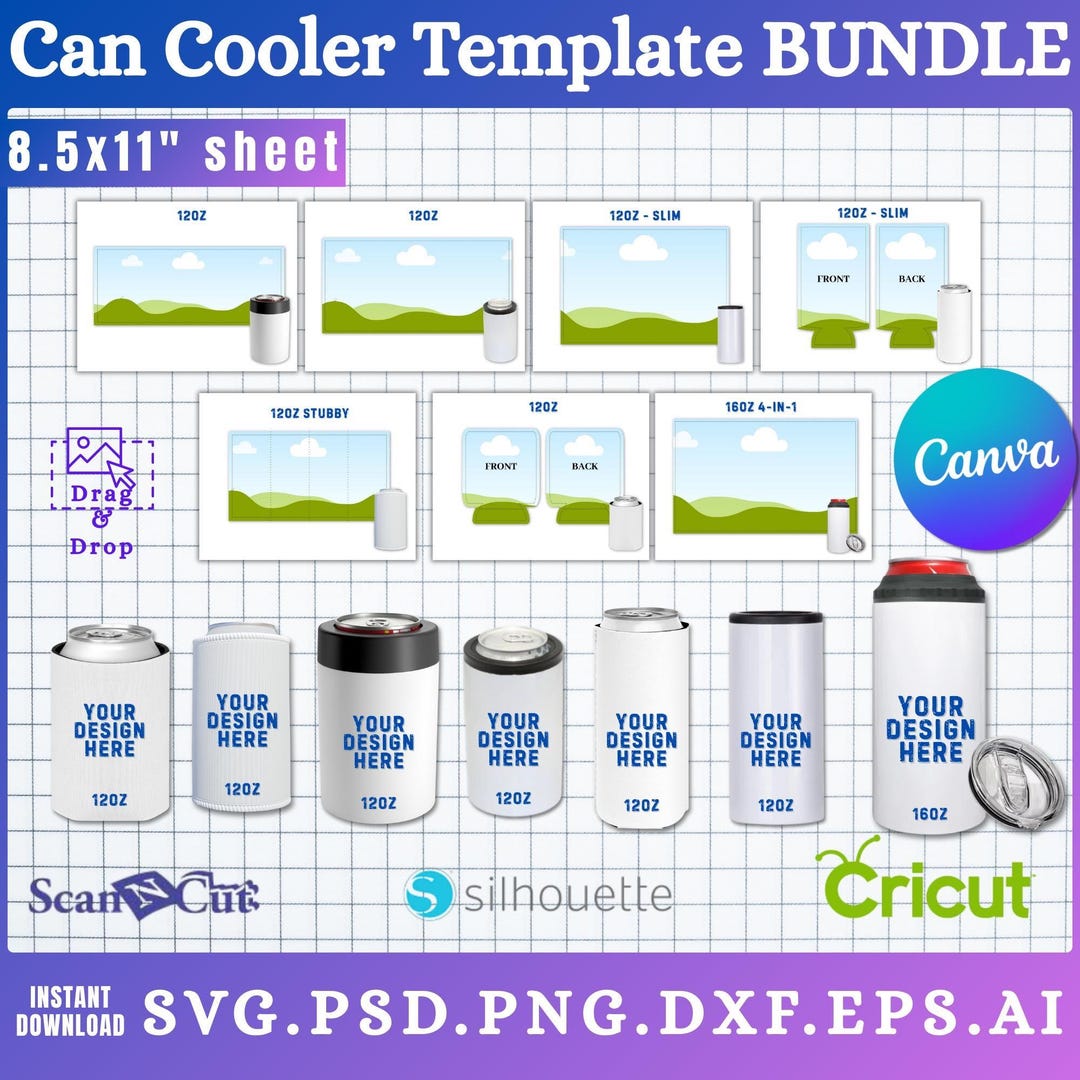 Set of 7 Can Cooler Sublimation Templates | Can Coozie SVG & Canva ...
