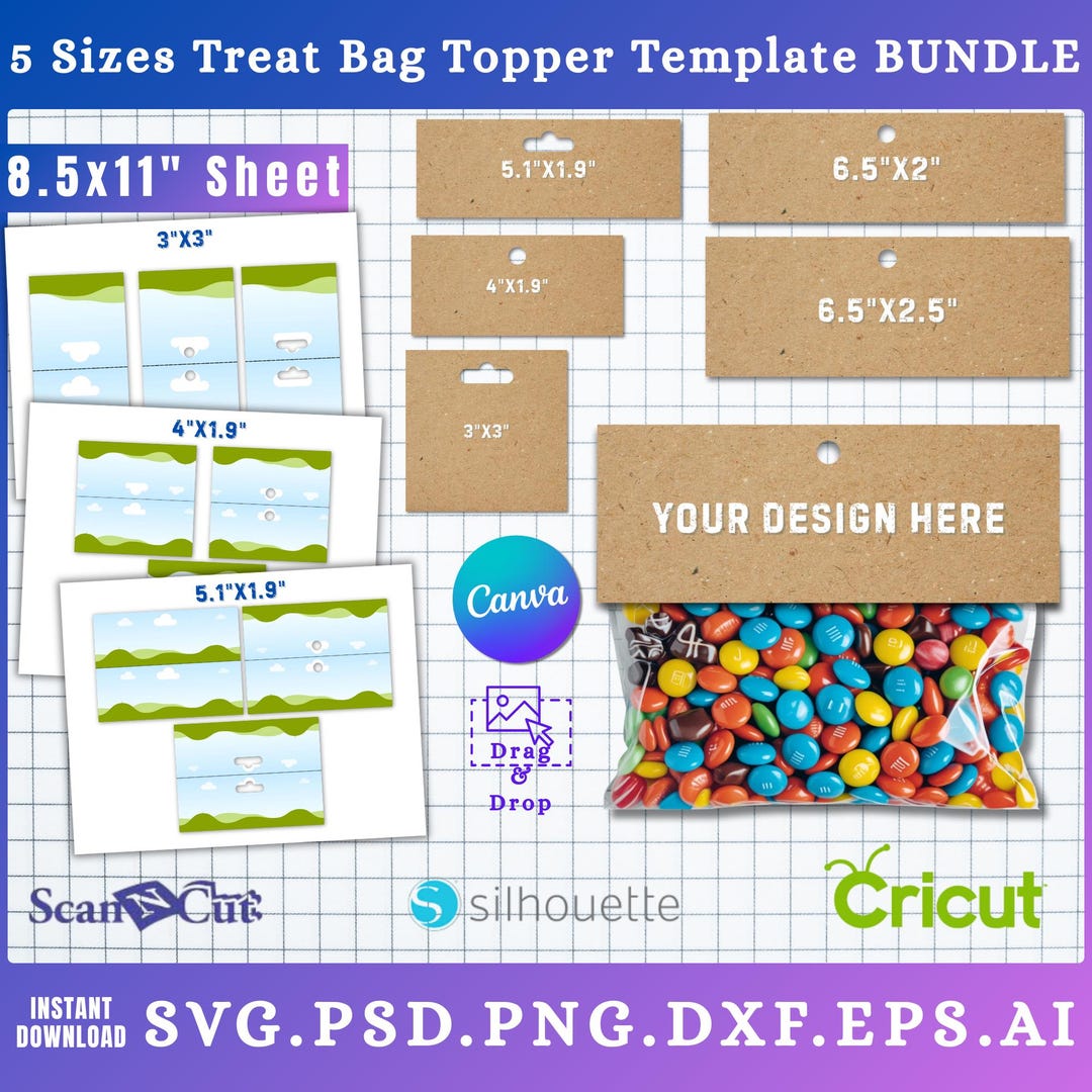 5 Sizes Treat Bag Toppers Template Bundle | Treat Bag Label ...