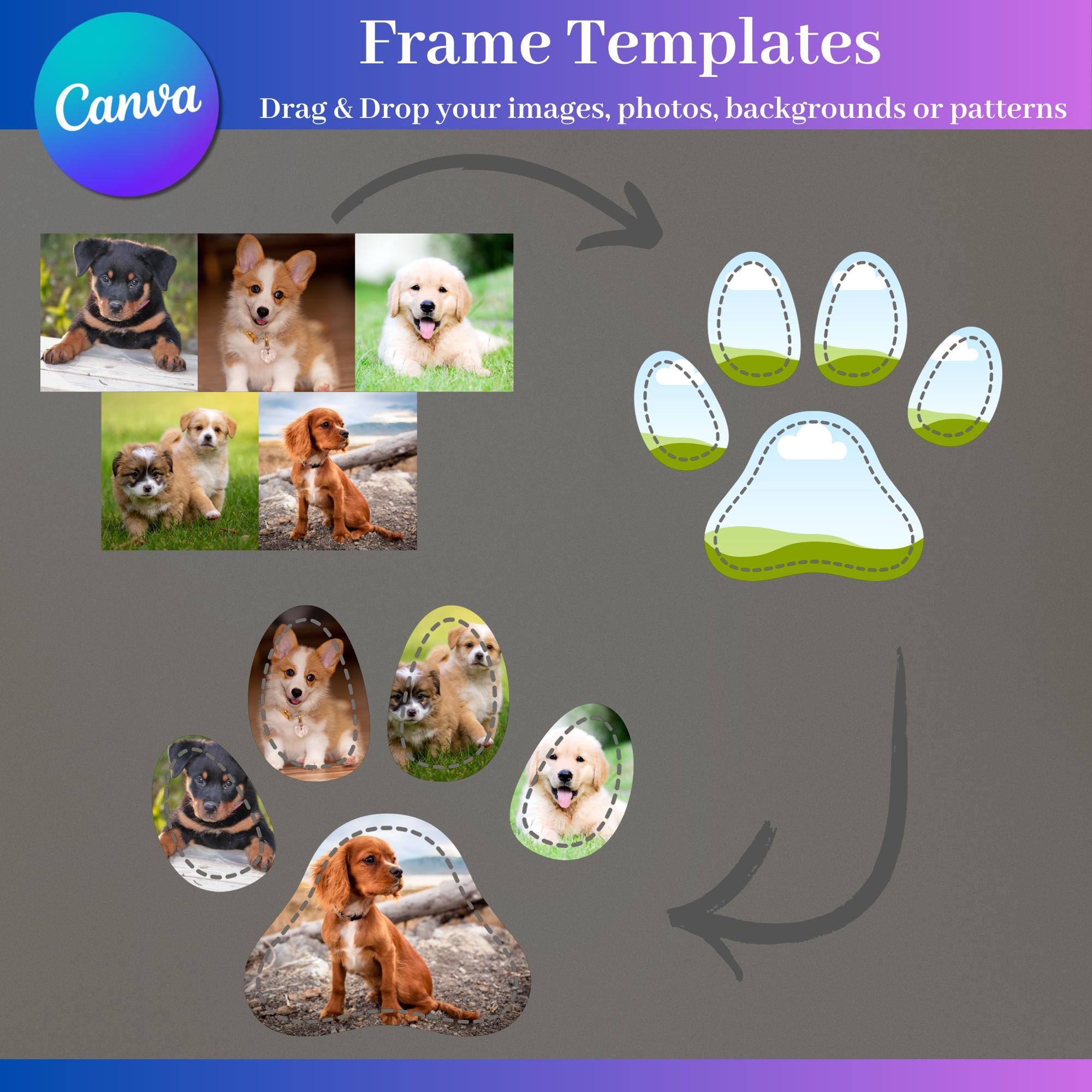 Set of 52 Paw Print Clipping Mask Frames for Canva - Customize With ...
