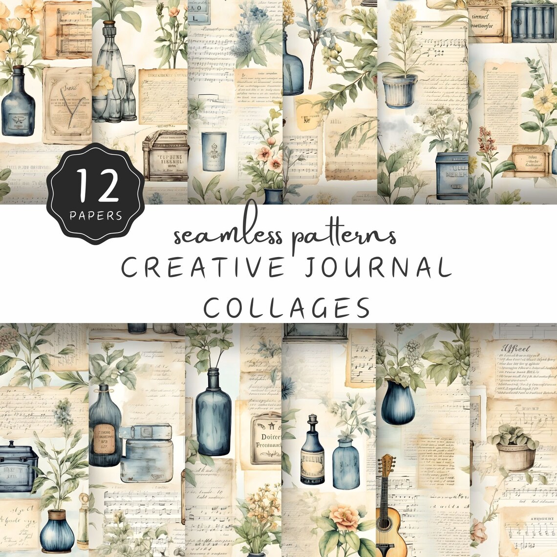 Creative Journal Collage Seamless Pattern Paper in JPG Watercolor ...