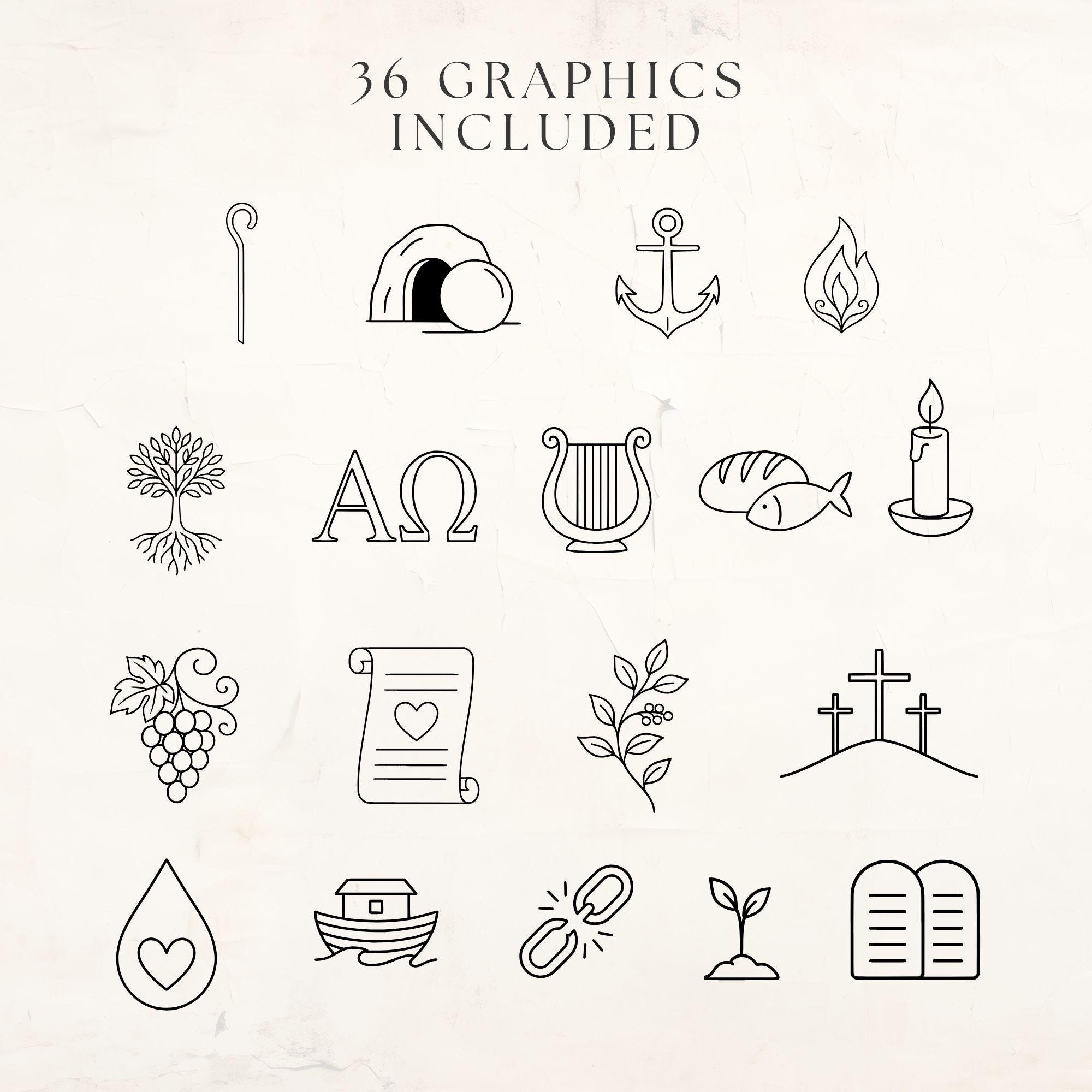 Christian Line Art Icons - 36 Faith SVG for Bible Journaling, Worship ...