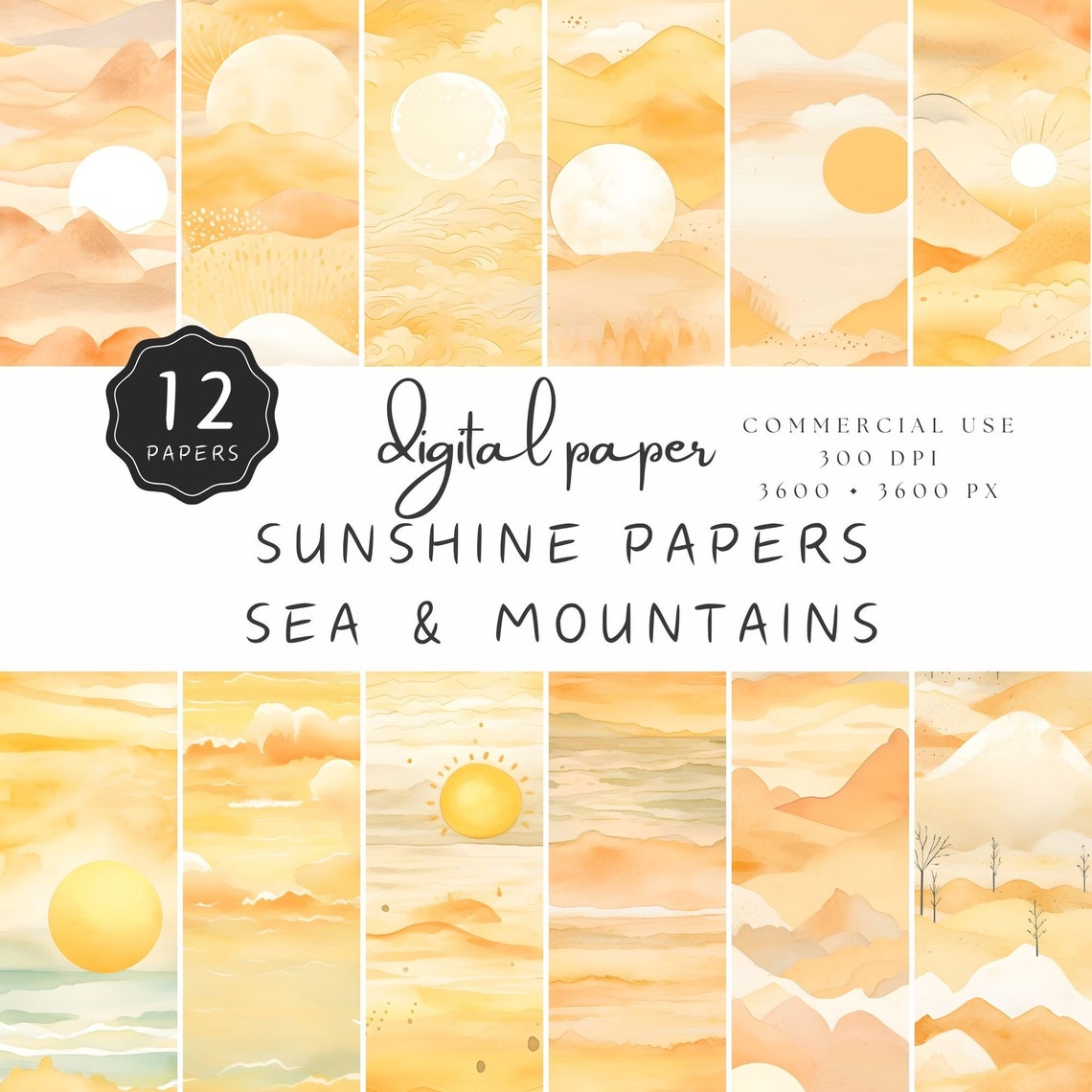 Sunshine Digital Paper, Seamless Pattern, Mountain View Sun Over Sea ...