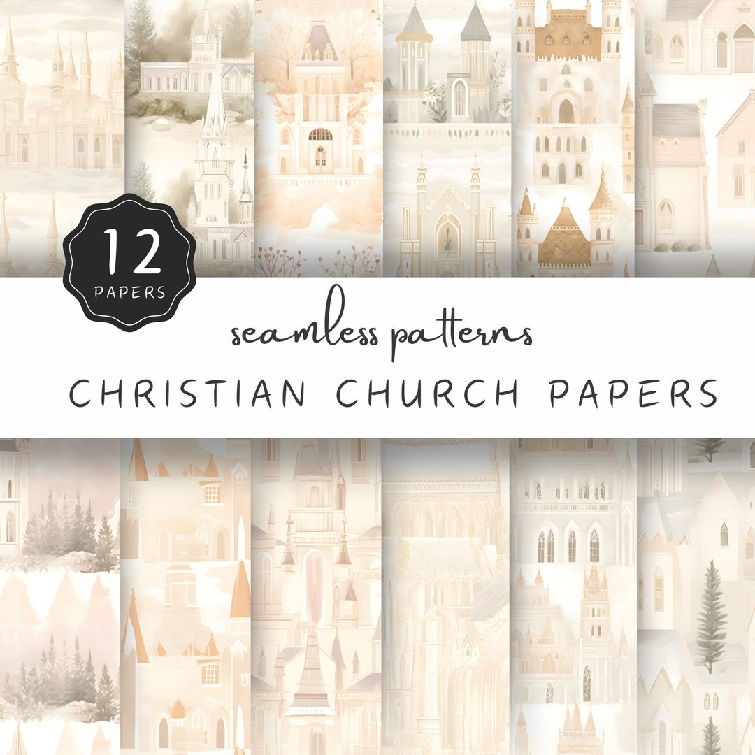 Whimsical Church Seamless Pattern, Neutral Beige Christian Watercolor ...