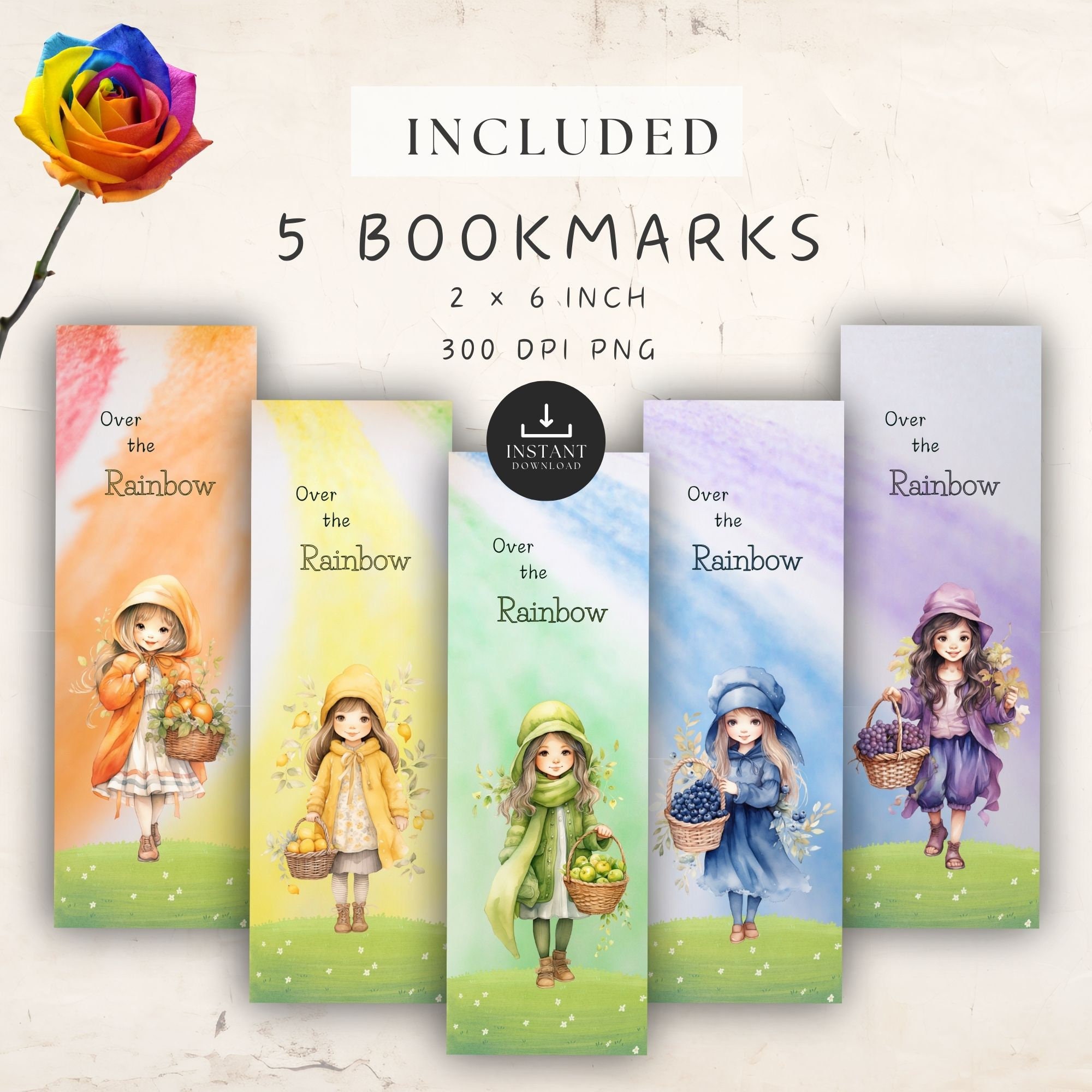 Rainbow Girls Printable Bookmark, Watercolor Cute Bookmarks Riding Hood ...