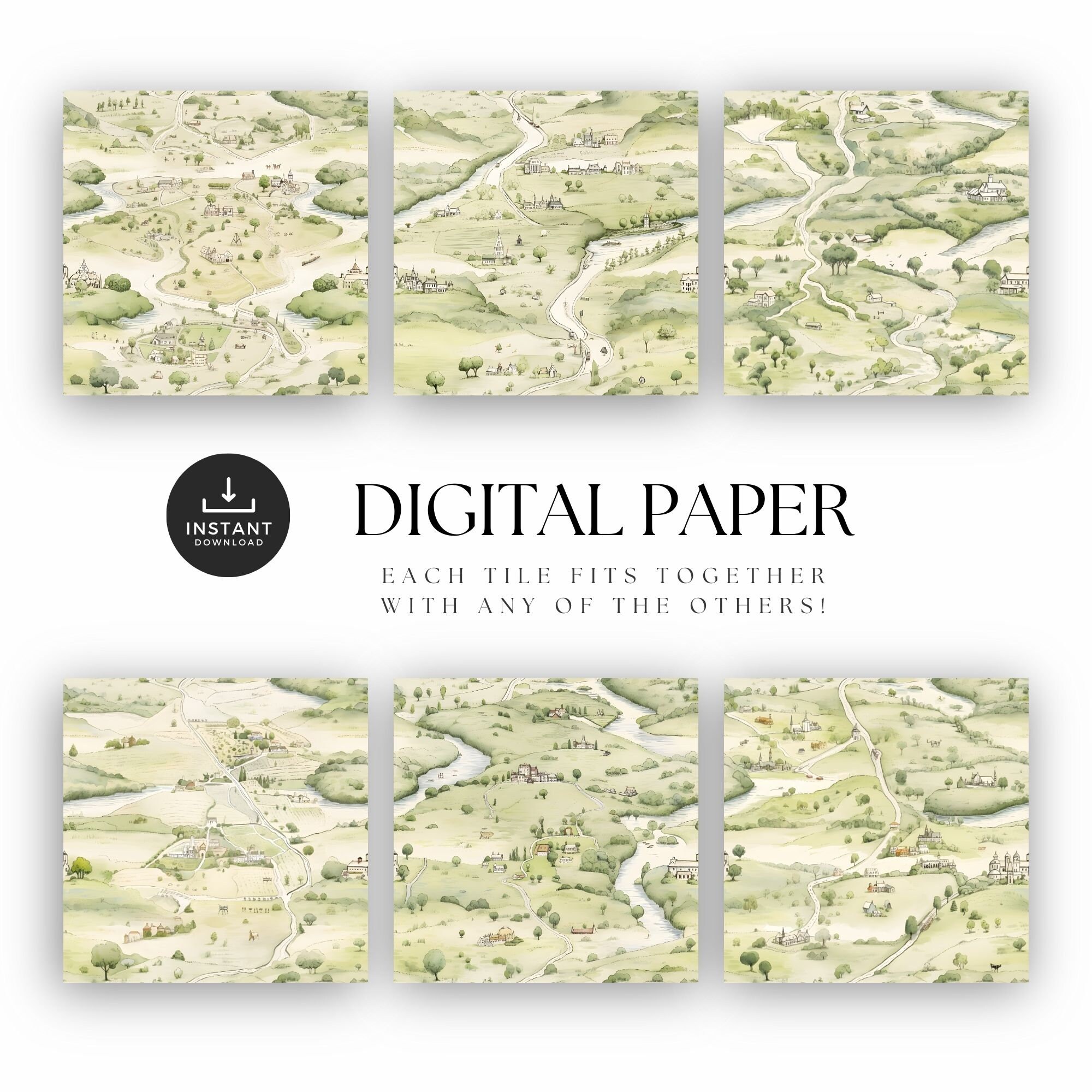 Countryside Map Tiles, Cottagecore Digital Paper, Vintage Map ...
