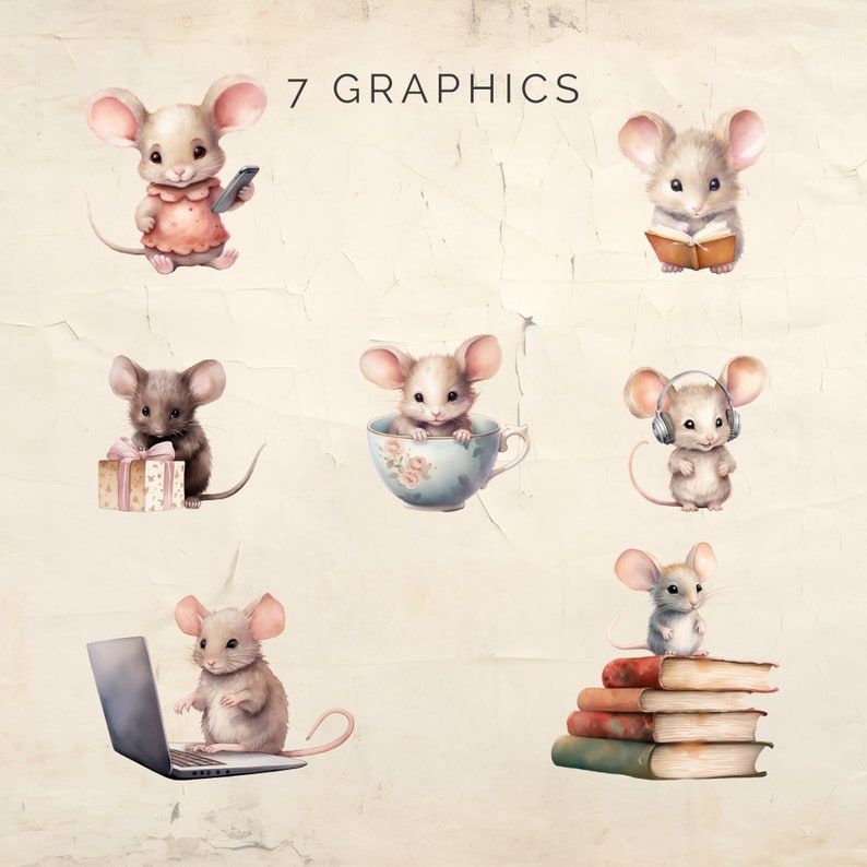 Smart Little Mouse Clipart Pack, Watercolor Tech Nerdy Mice, Headphones ...