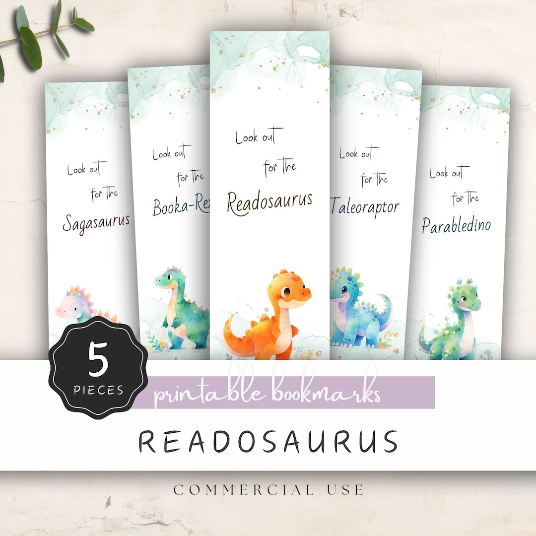 Dinosaur Printable Bookmark, Cute Inspirational Bookmarks for Kids, 5 ...
