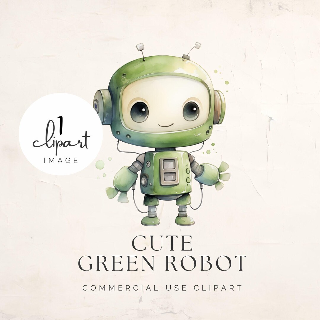 Cute Green Robot Clipart, Watercolor Nerdy Illustration for Kids ...