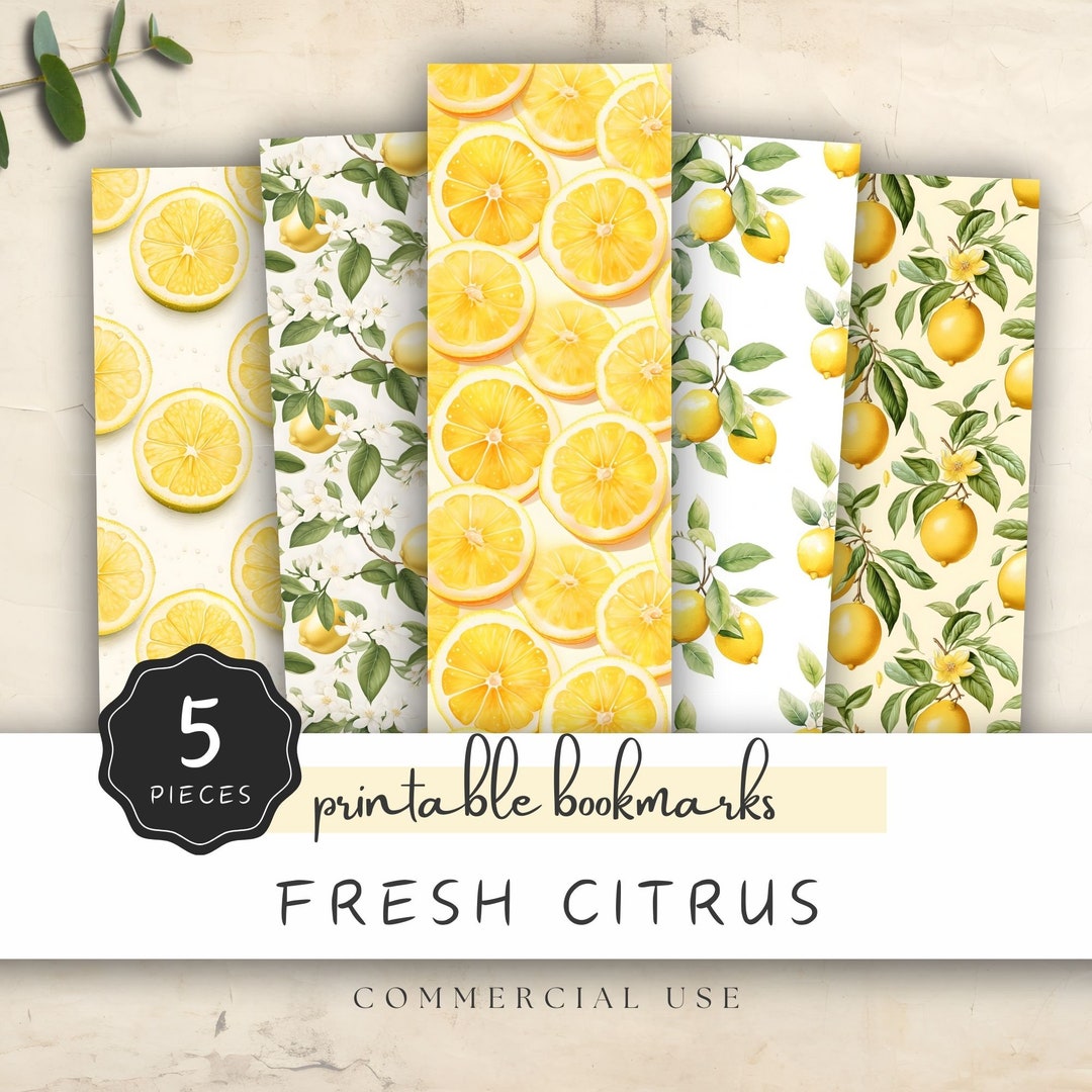 Fresh Citrus Printable Bookmark, Yellow Lemon Slices and Blossom, 5 ...