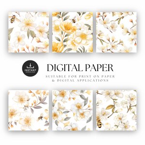 Honey Gold Blossom Digital Paper JPG Watercolor Cute Bee Seamless ...