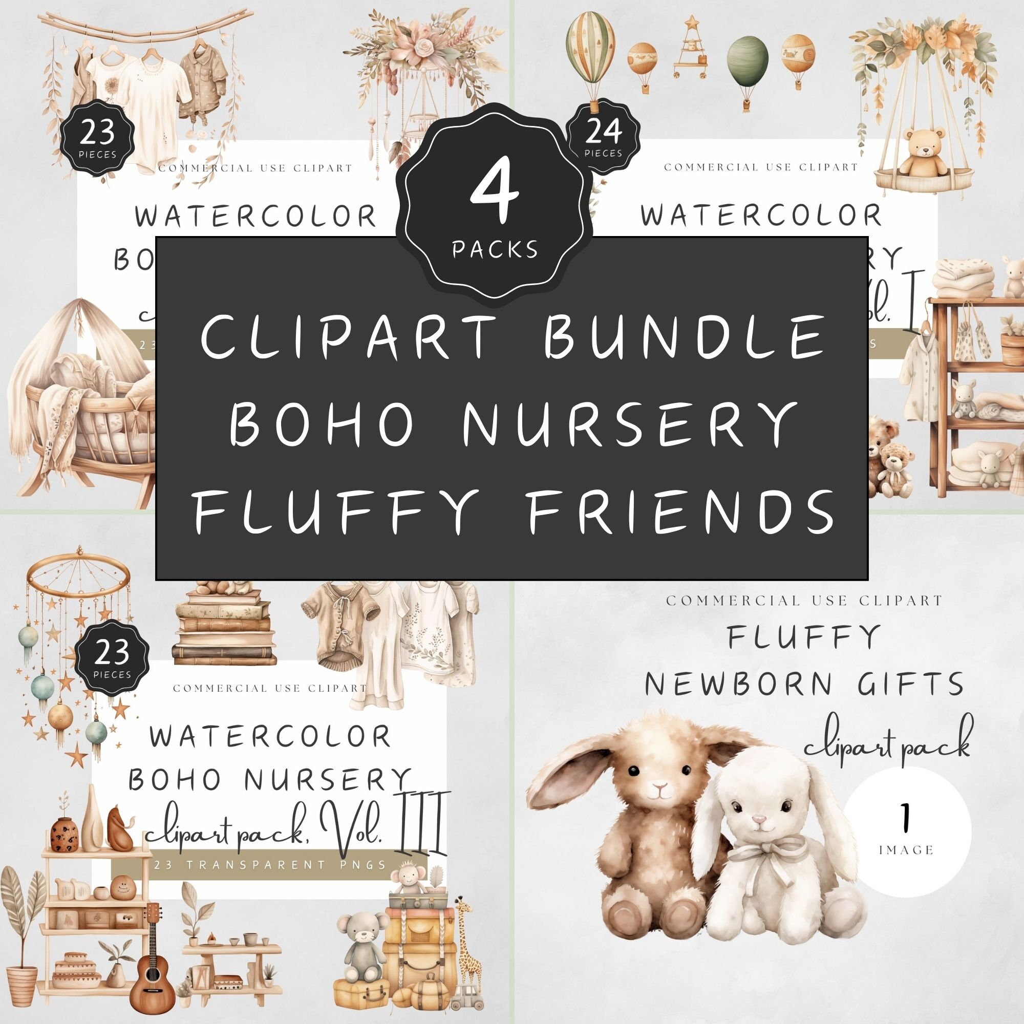 Boho Baby Bundle Clipart Watercolor Fluffy Friends Neutral Cradle Cute ...
