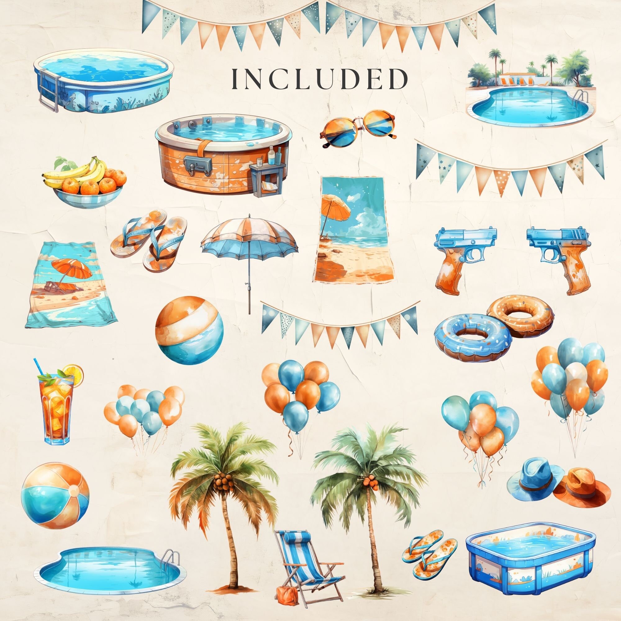 Beach Pool Party Clipart, Watercolor Blue and Orange Graphics, Hot Tub ...